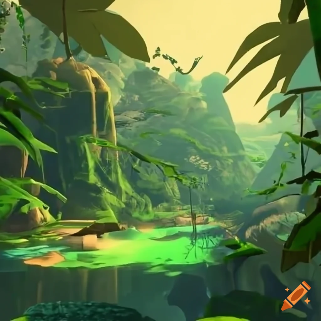 Jungle scenery from an N64 game in a go-kart on Craiyon