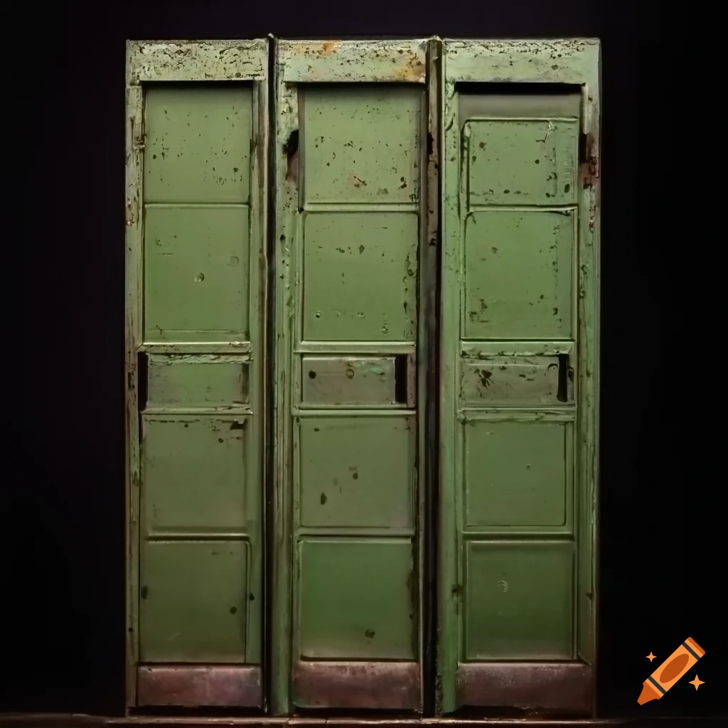 Old metal locker door with louvers and dark olive-green paintwork on ...