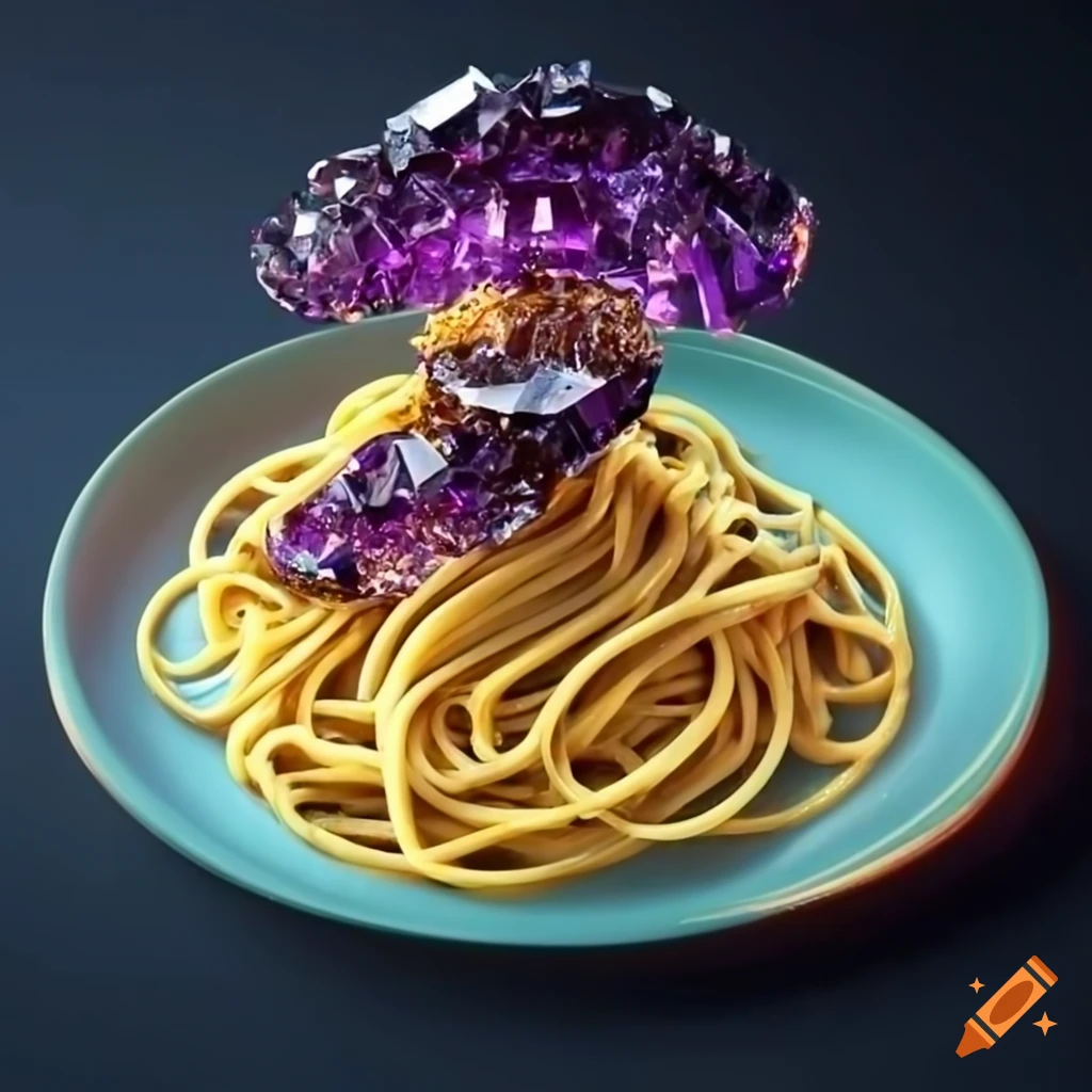 Plate of golden wire spaghetti with gemstone pasta sauce and trippy ...