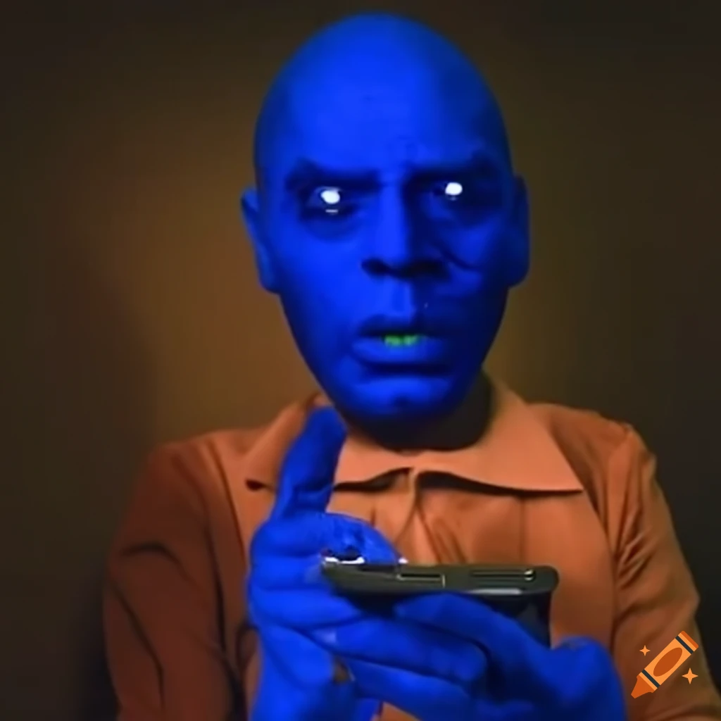 Blue man watching tv from a point of view perspective on Craiyon