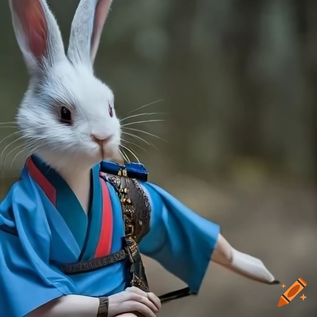 White samurai rabbit in blue happi and black hakama cutting down an ...