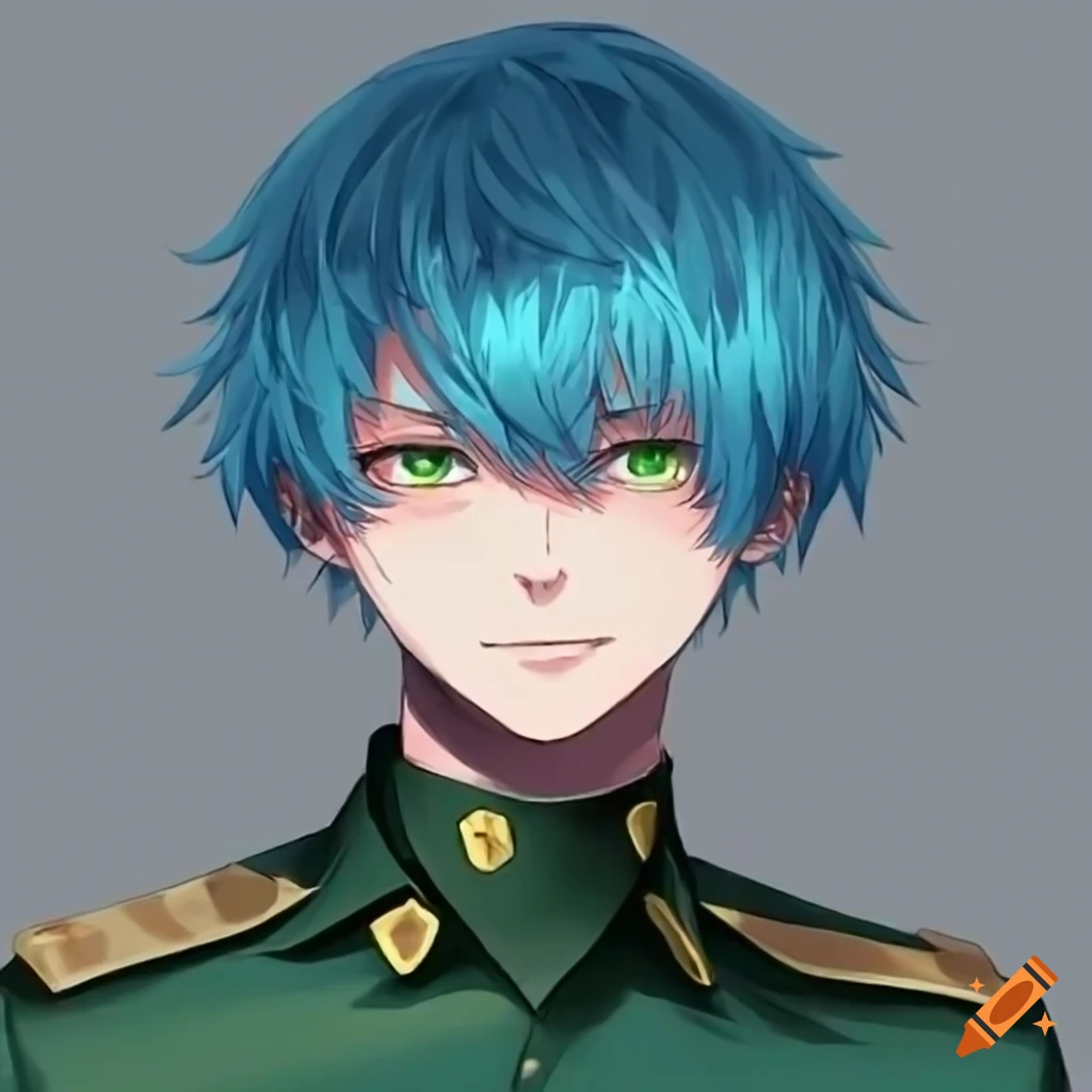 Blue-haired boy in army uniform from anime on Craiyon