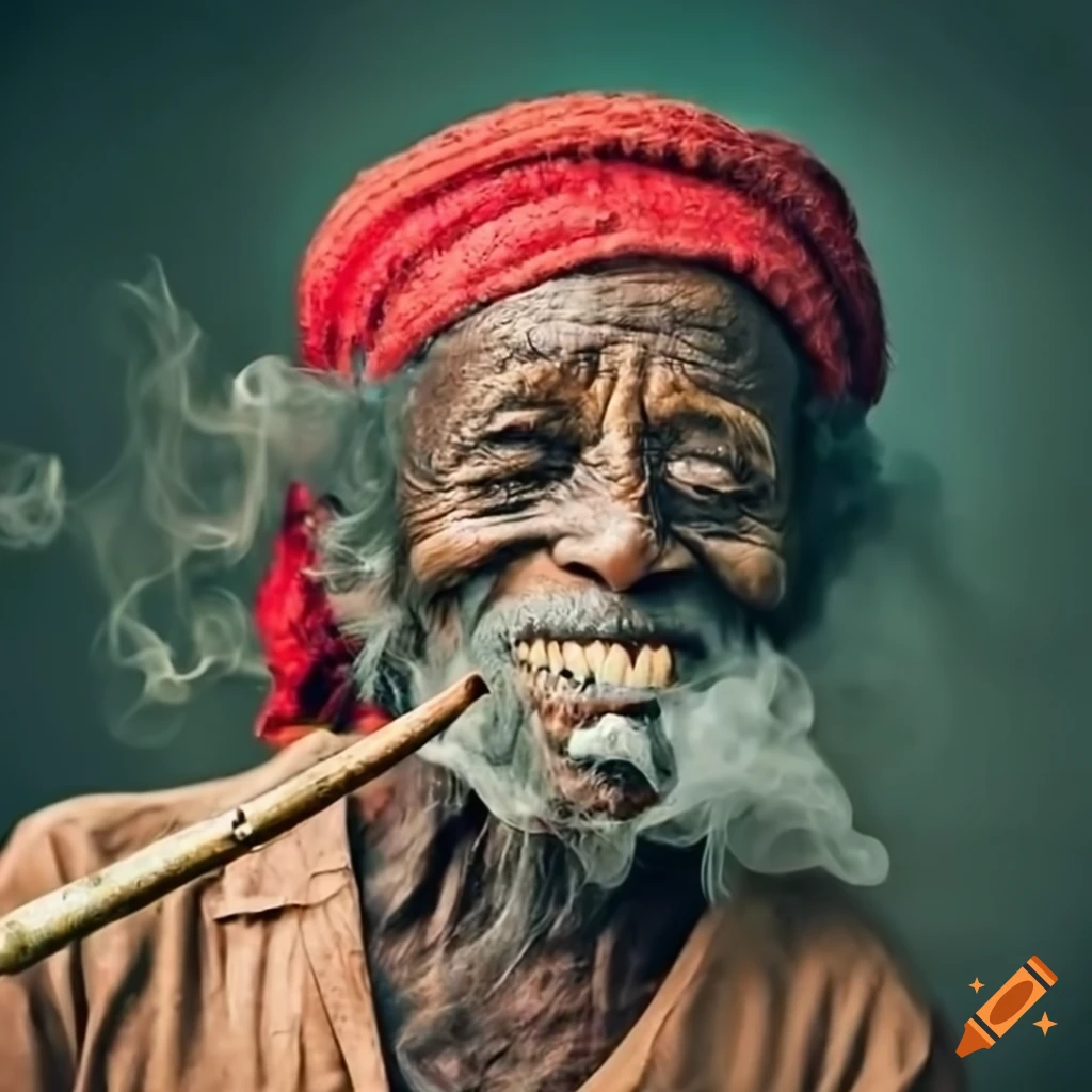 Smiling rastafarian man enjoying a large joint on Craiyon