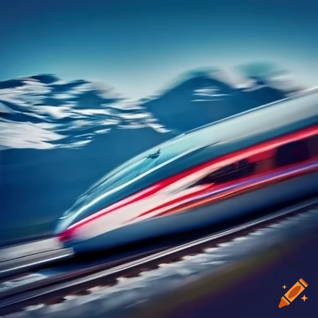 Bullet train on Swiss Alps track with motion blur in background on Craiyon