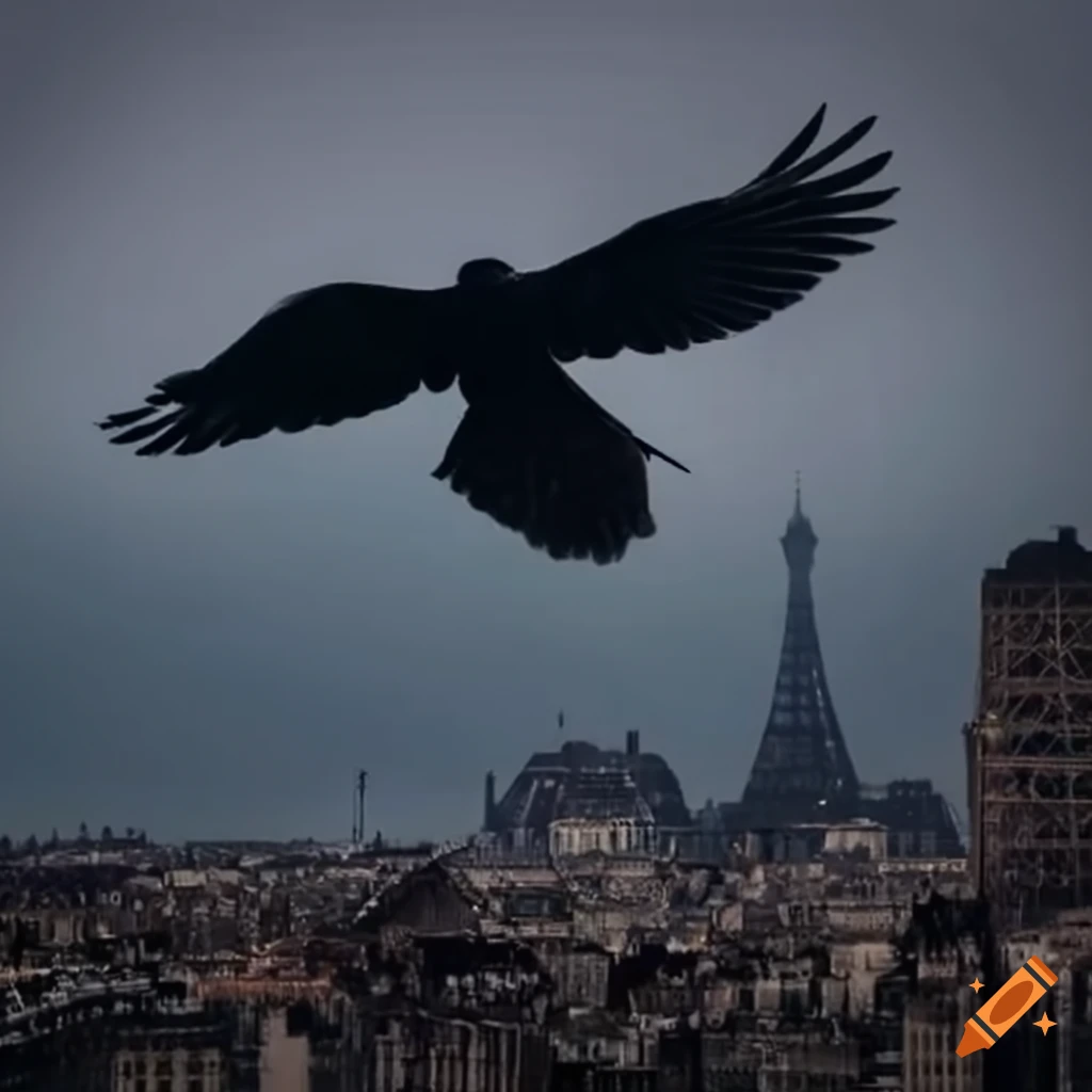 Menacing black raven flying over Paris and a destroyed Eiffel Tower on ...