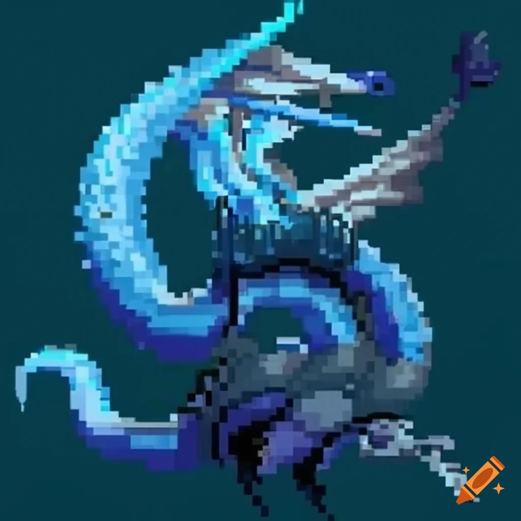 Pixel art of a blue serpent dragon on Craiyon