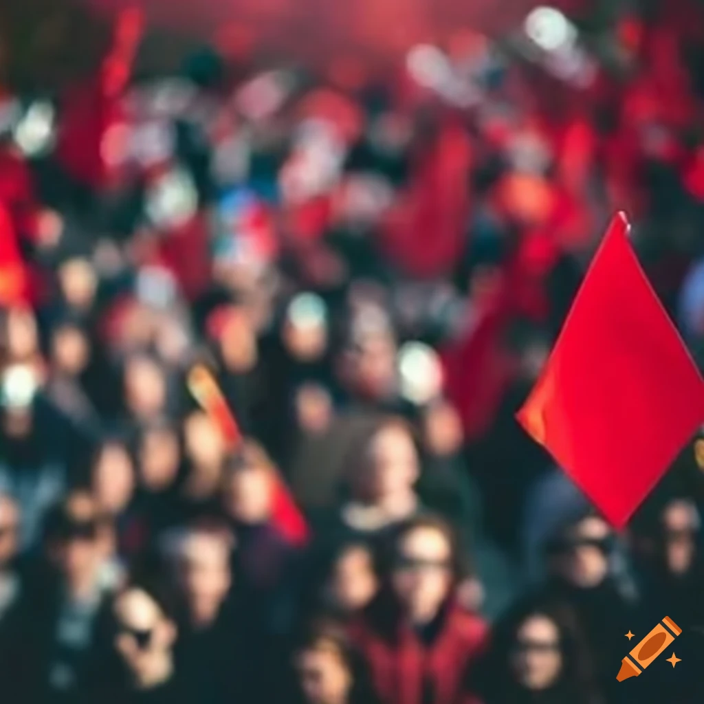 Crowd of people demonstrating with red flags on Craiyon