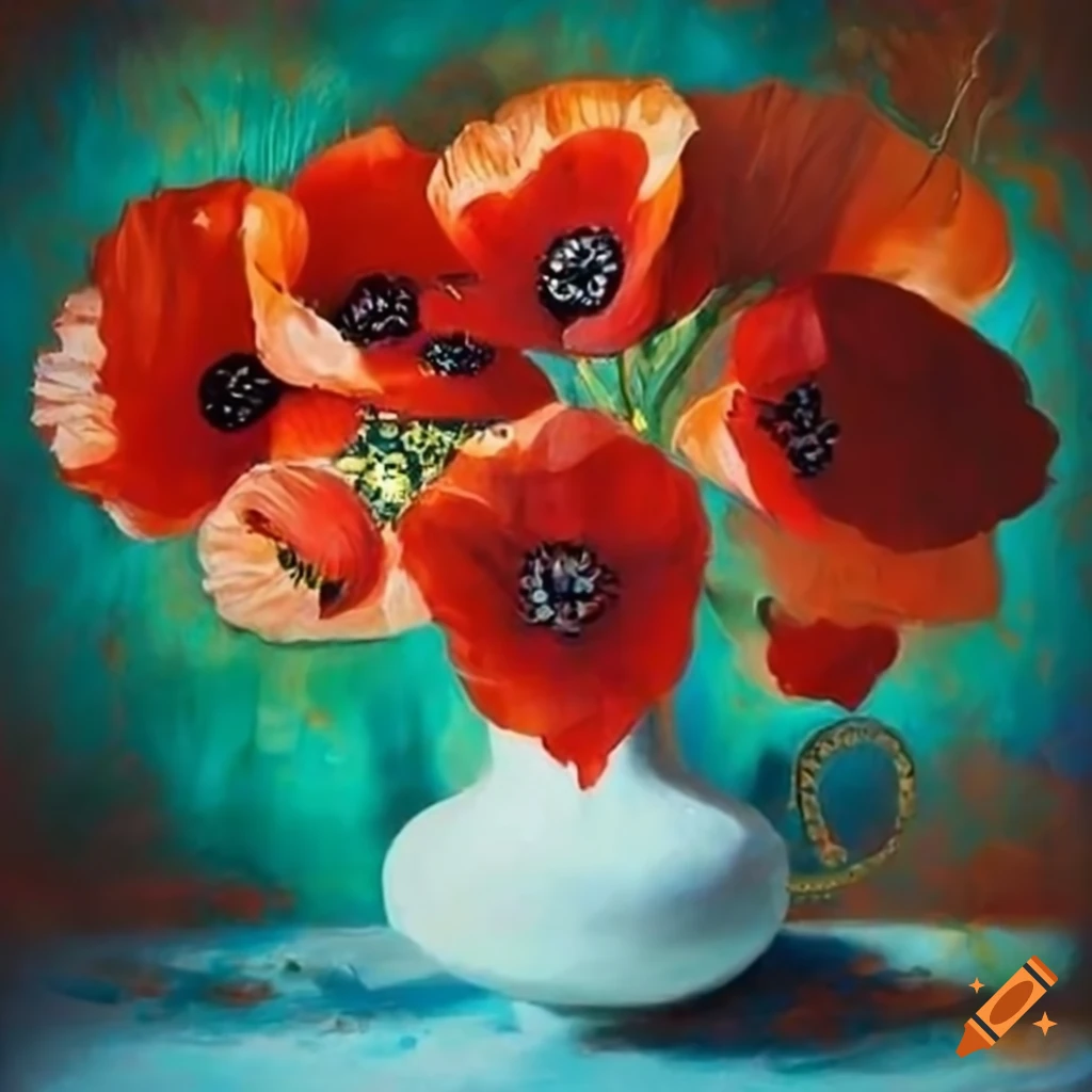 Realistic poppy flowers in a vase with water, painted by klimt on Craiyon