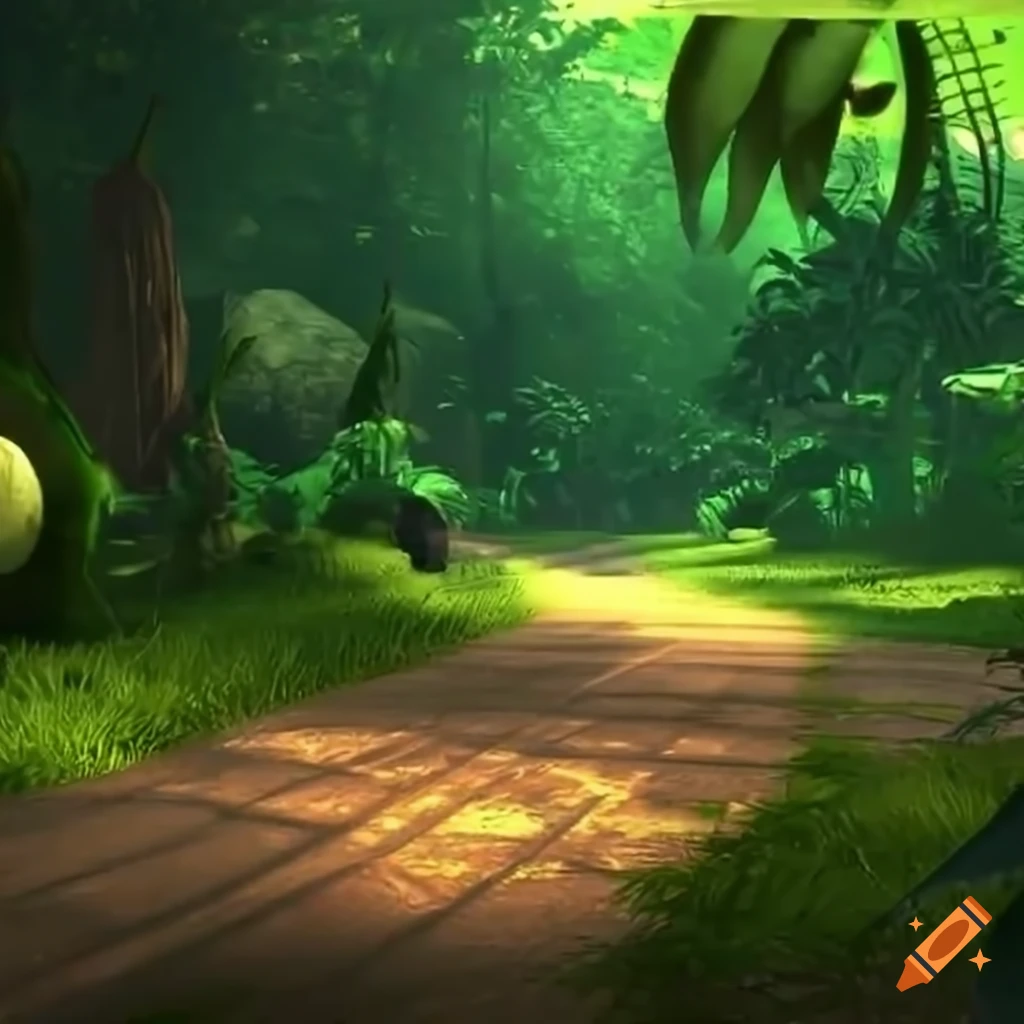 Jungle scenery from an N64 game in a go-kart on Craiyon