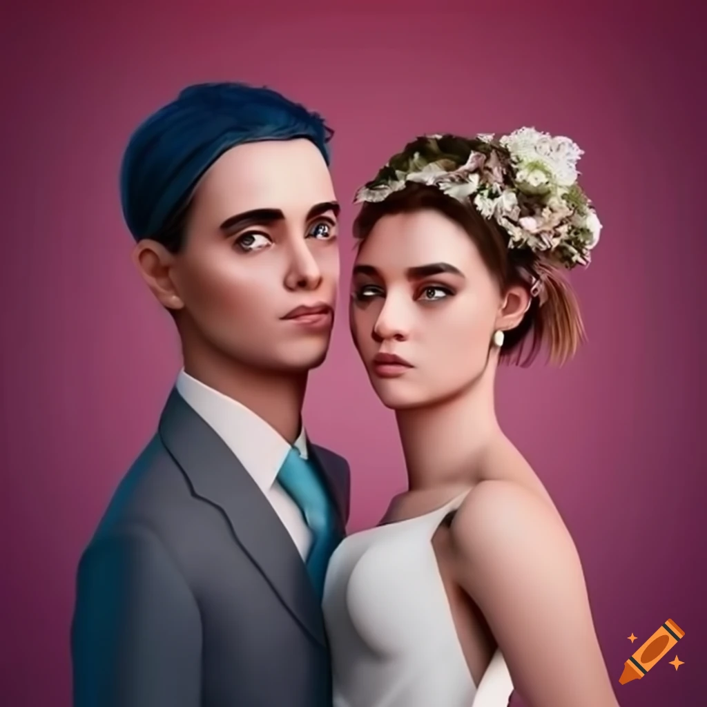 Modern illustrated cgi portrait of a wedding couple on Craiyon