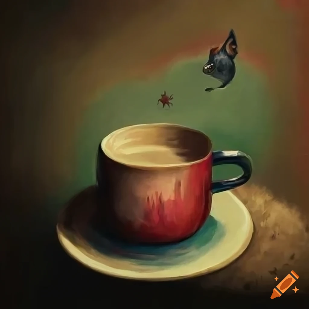 Surreal painting of a cat in beatnik clothes enjoying a cuppa on Craiyon