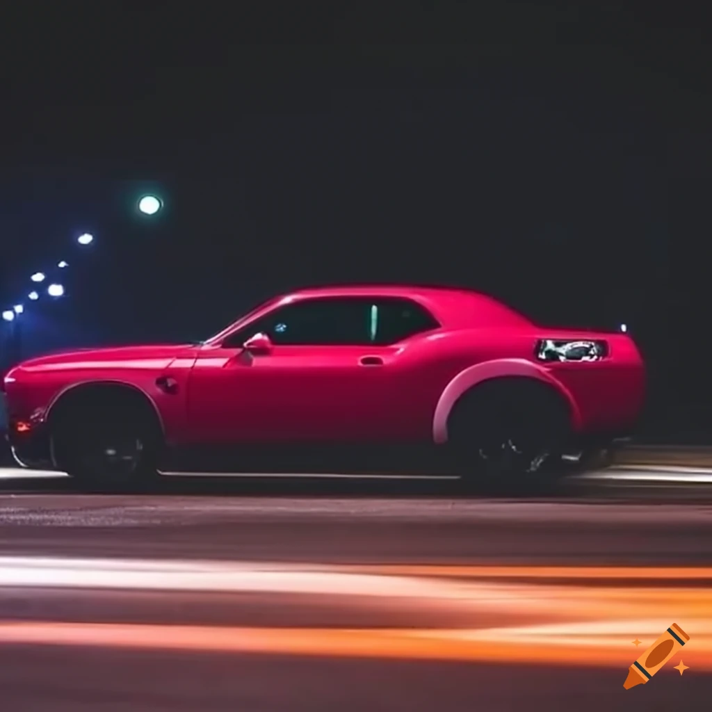 Side view of dodge challenger wide body on freeway at night on Craiyon