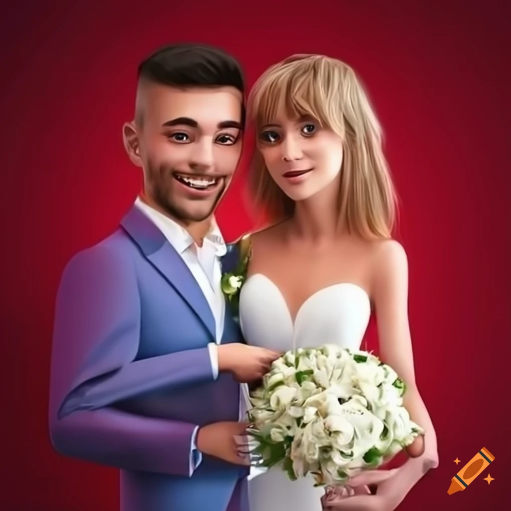 Modern illustrated cgi portrait of a happy wedding couple on Craiyon