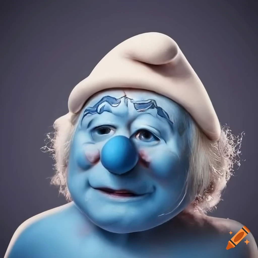 Papa smurf with realistic body and mischievous face on Craiyon