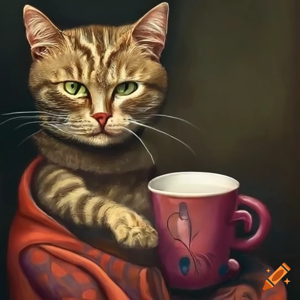 Surreal painting of a cat in beatnik clothes having a cuppa on Craiyon