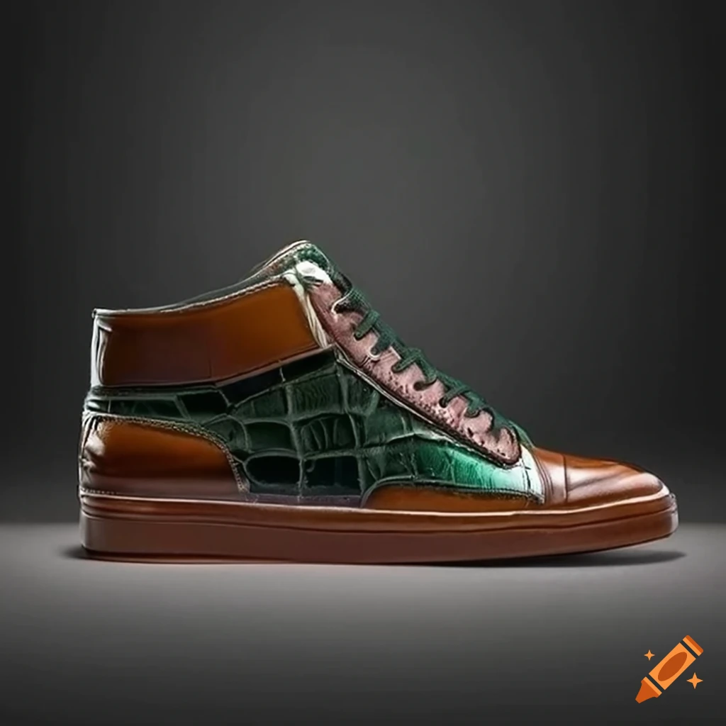 Men's brown and dark green high-rise alligator leather sneakers in an ...