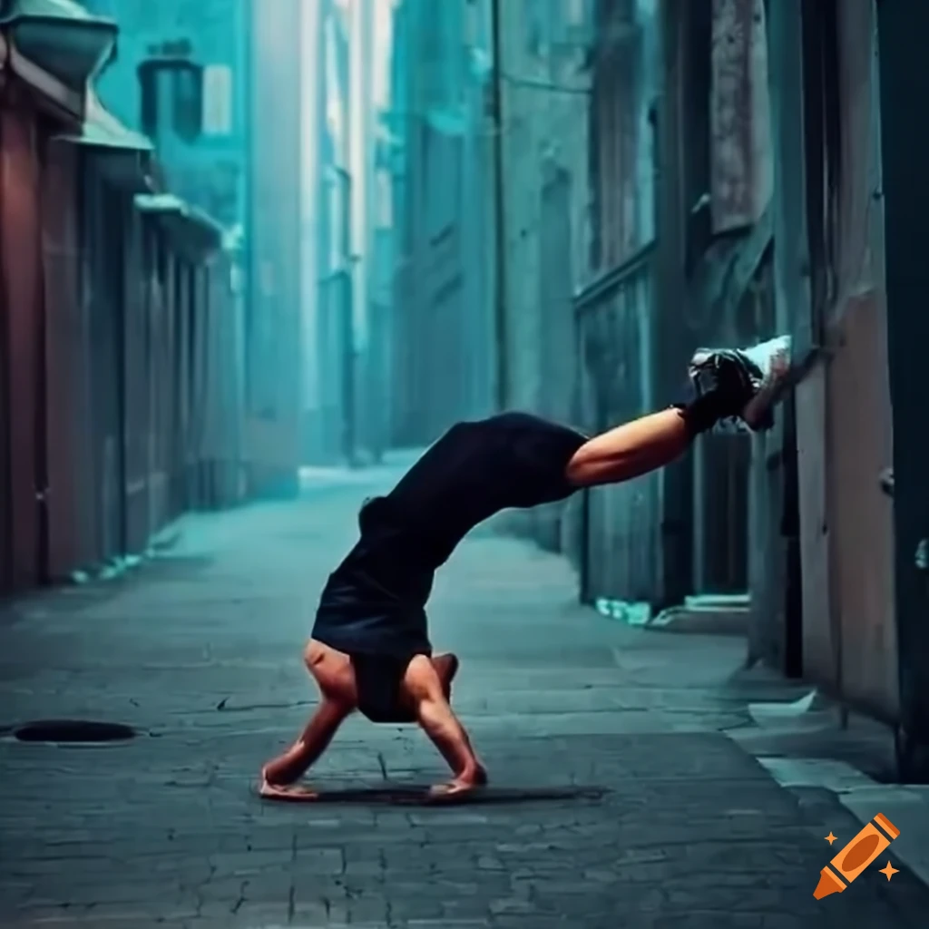 Man breakdancing in an alleyway with onlookers on Craiyon