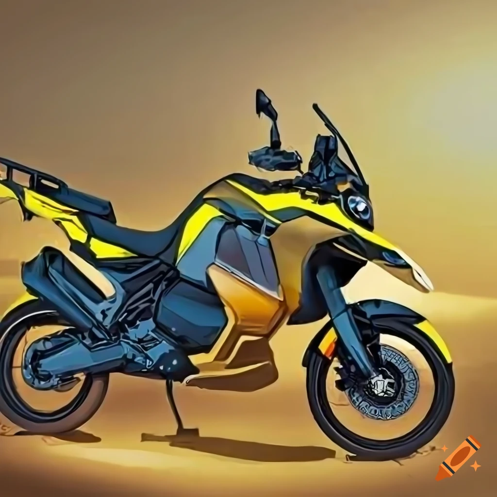Illustration of bmw 1250 gs motorcycle in black and yellow on Craiyon
