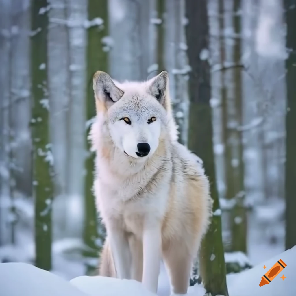 Snow-covered white wolf in the winter forest on Craiyon