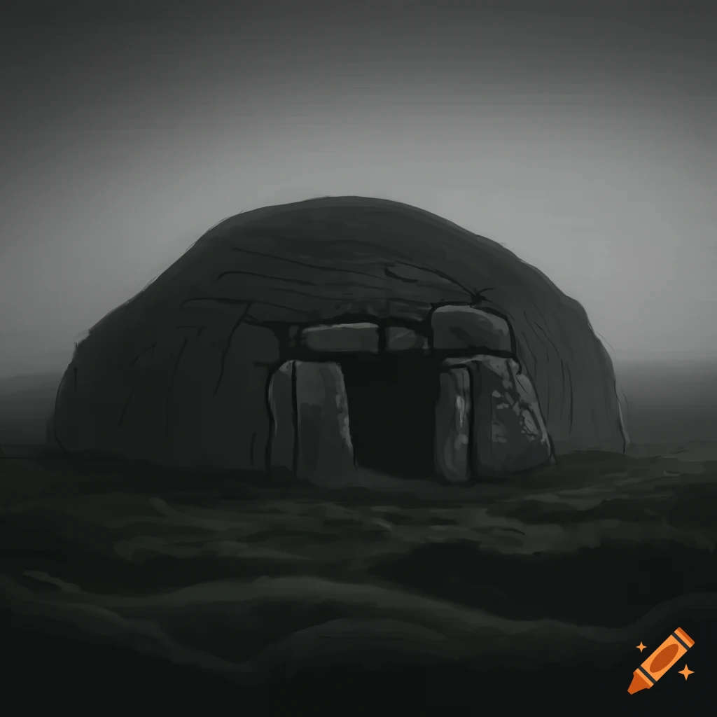Ancient barrow mound in misty moors with stone door frame leading to ...