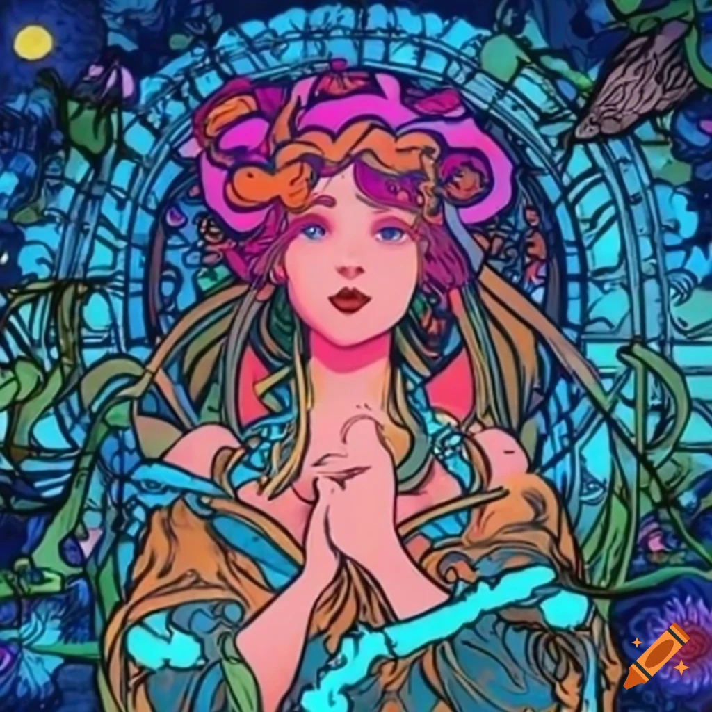 Psychological oracle in a psychedelic neon environment with Alphonse ...