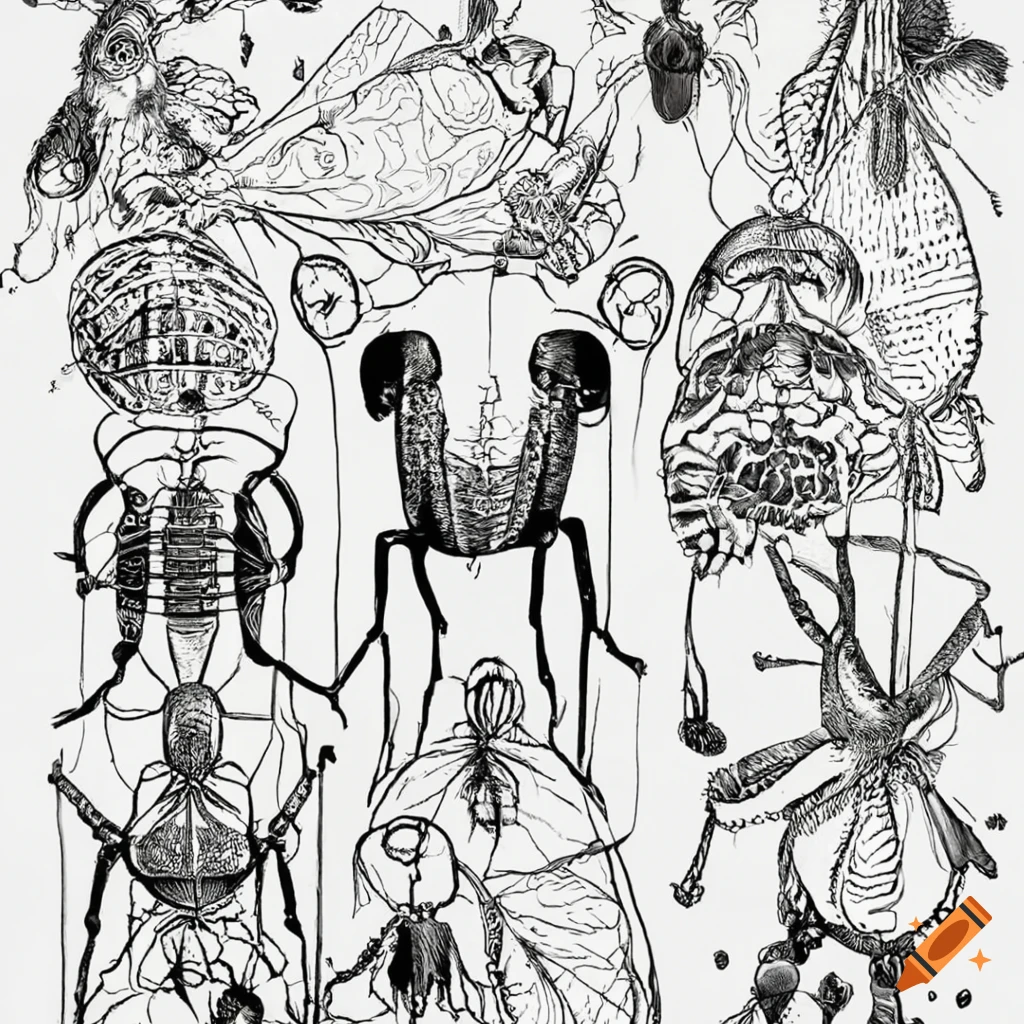 Detailed line art of human-faced insects interacting with each other on ...