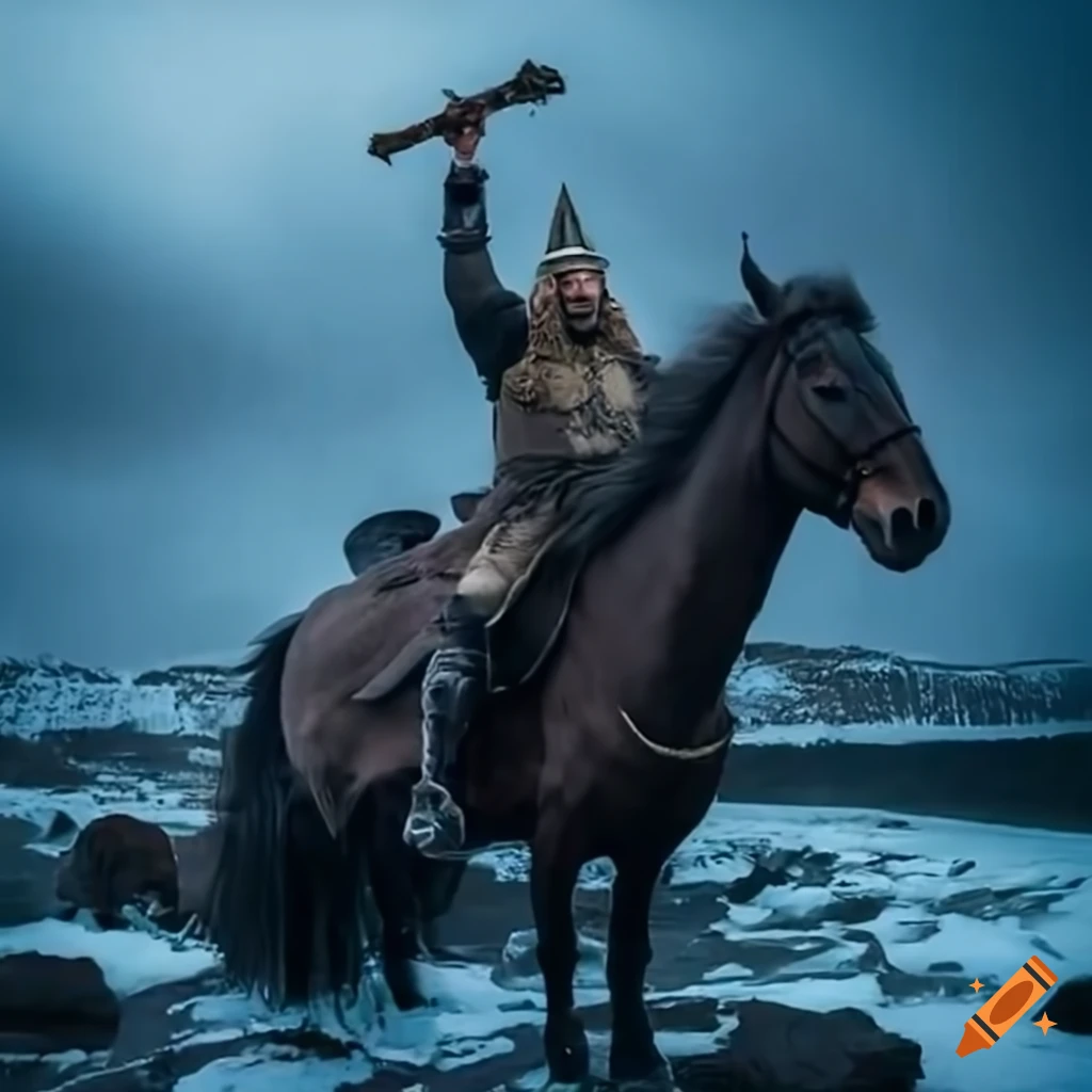Viking king riding horseback in icy Icelandic landscapes holding a ...