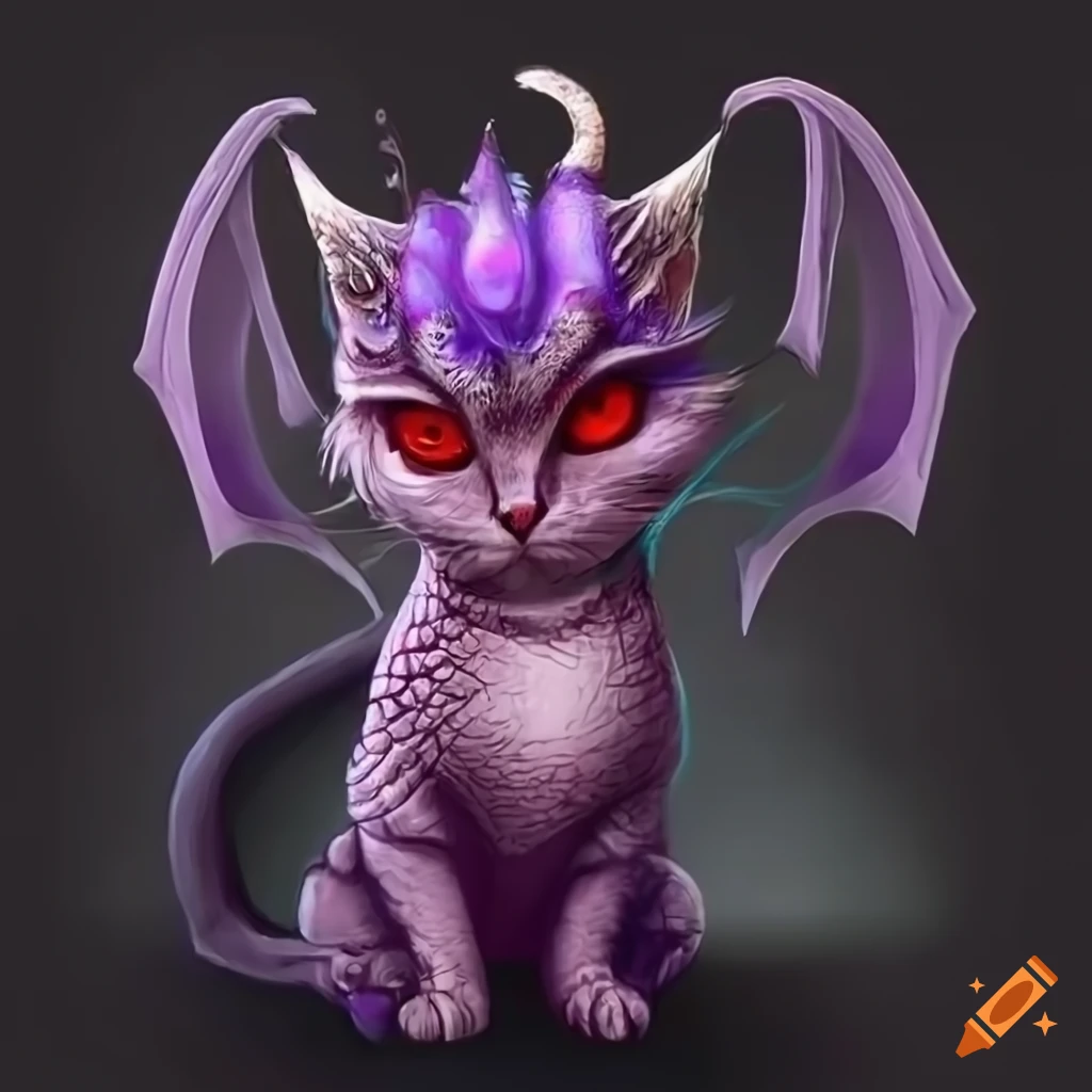 Cat dragon with red eyes, gray and black fur, necklace with emerald ...