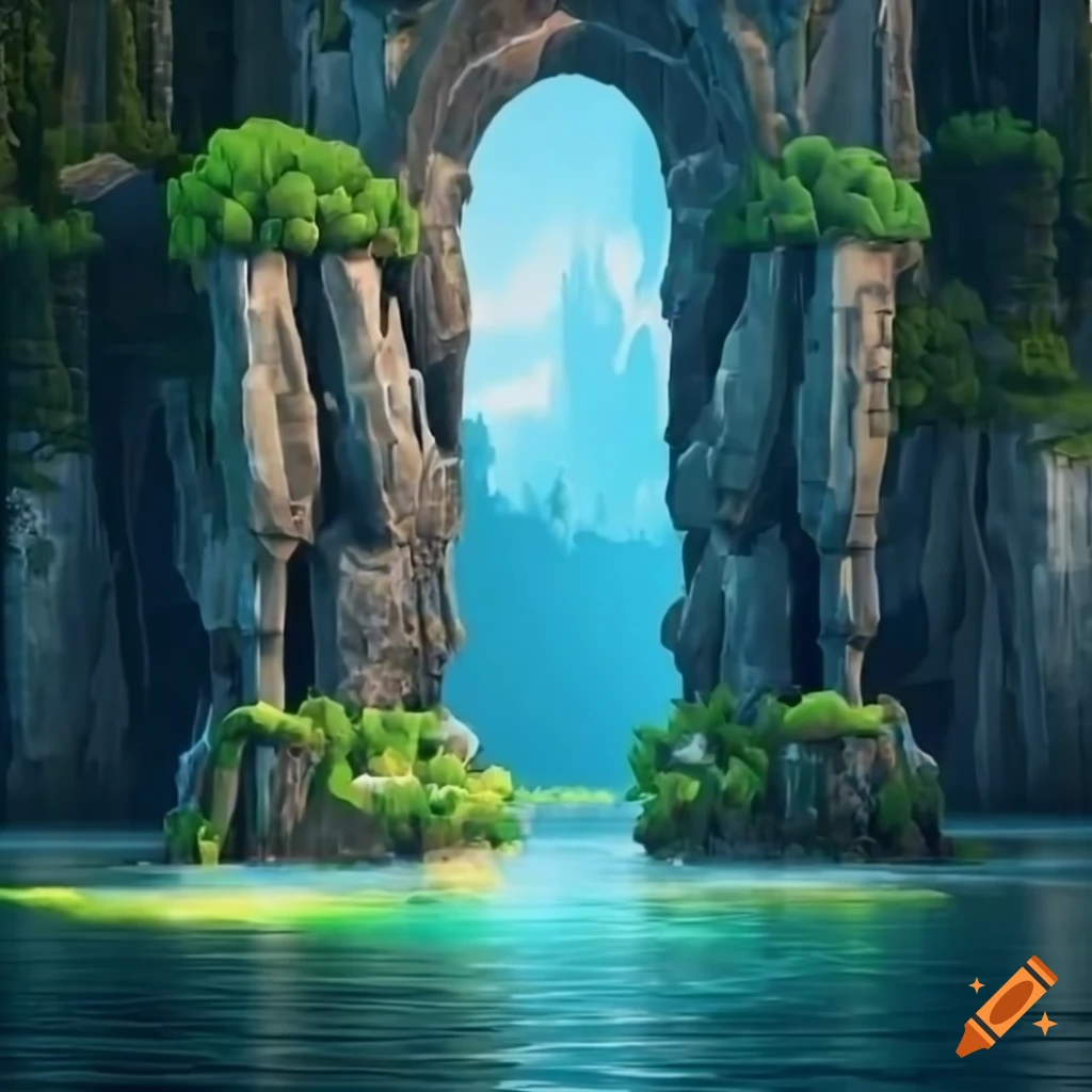 Forested island with a gateway portal made of natural stone on Craiyon