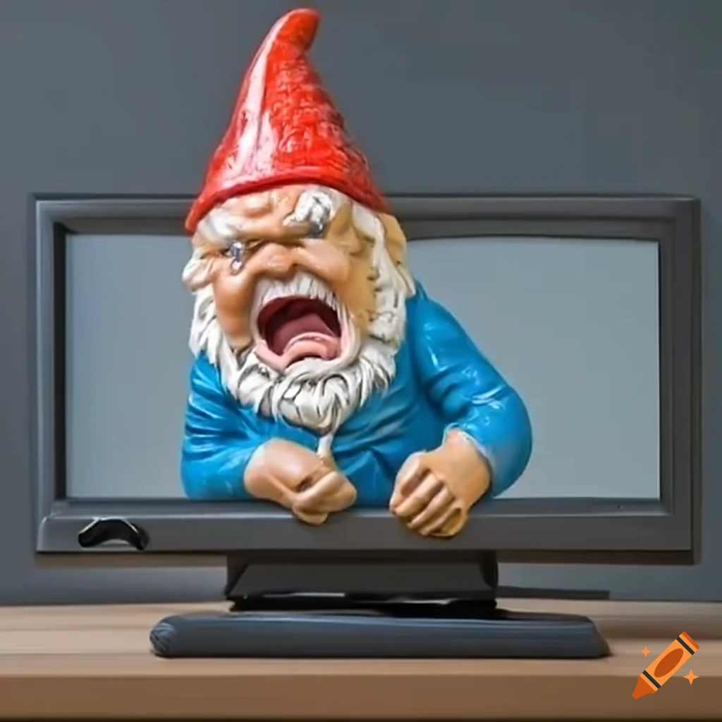 Angry garden gnome yelling at tv on Craiyon