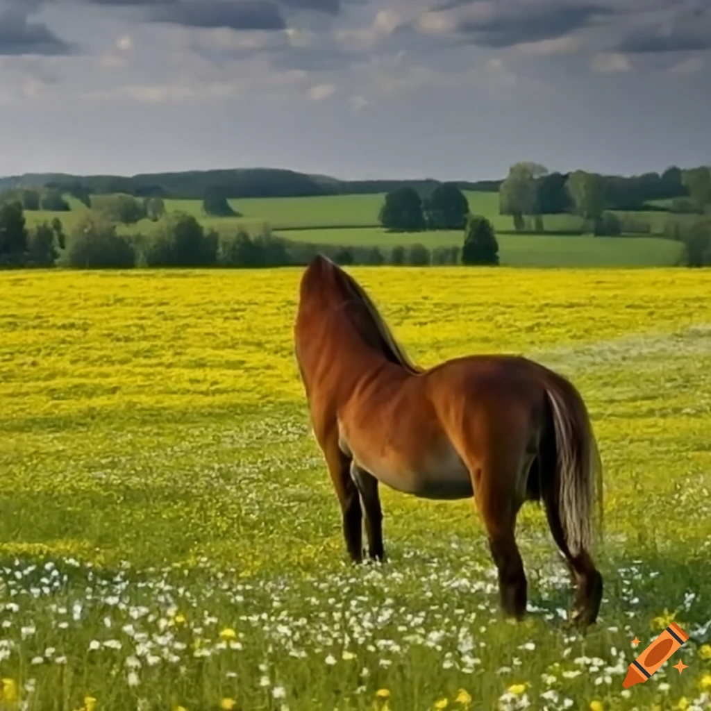 Rear full view of a majestic belgium draft horse in a green meadow with ...