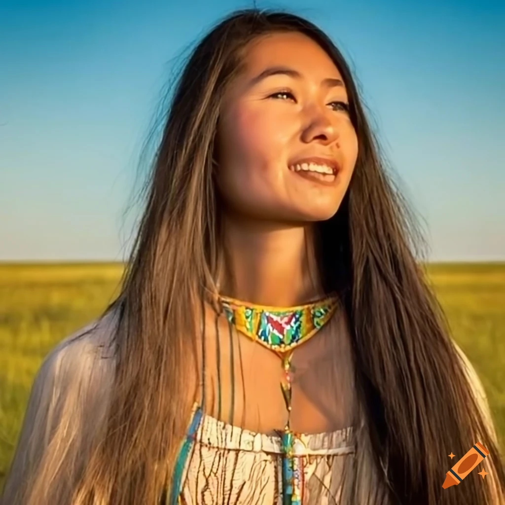 Beautiful young native american woman with long hair on the prairie on ...