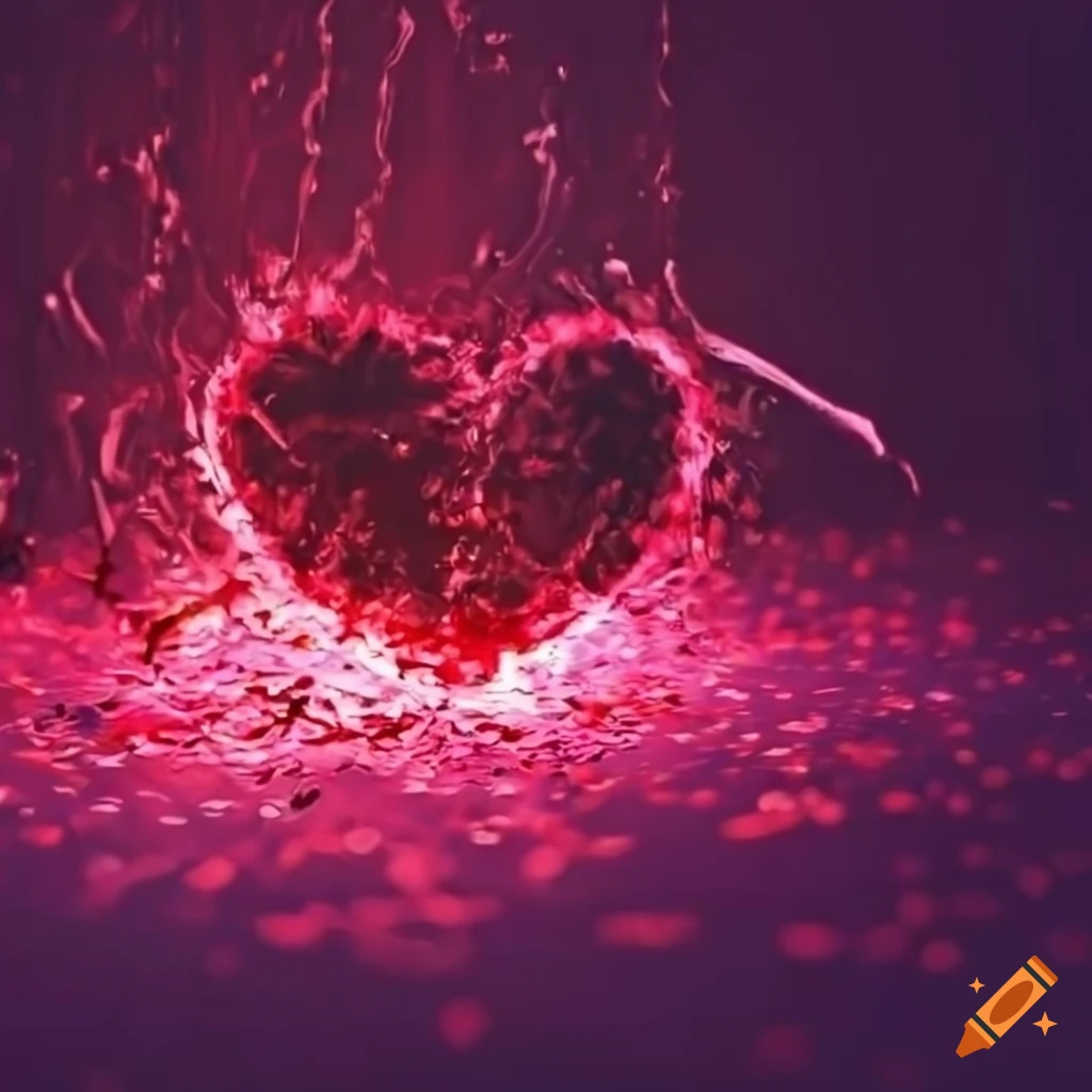 Red glowing heart disintegrating into sparkles in a dimly lit purple ...