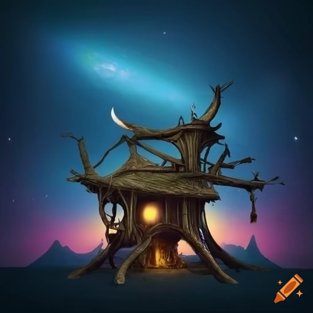Fantasy elven treehouse with planets visible in the night sky on Craiyon