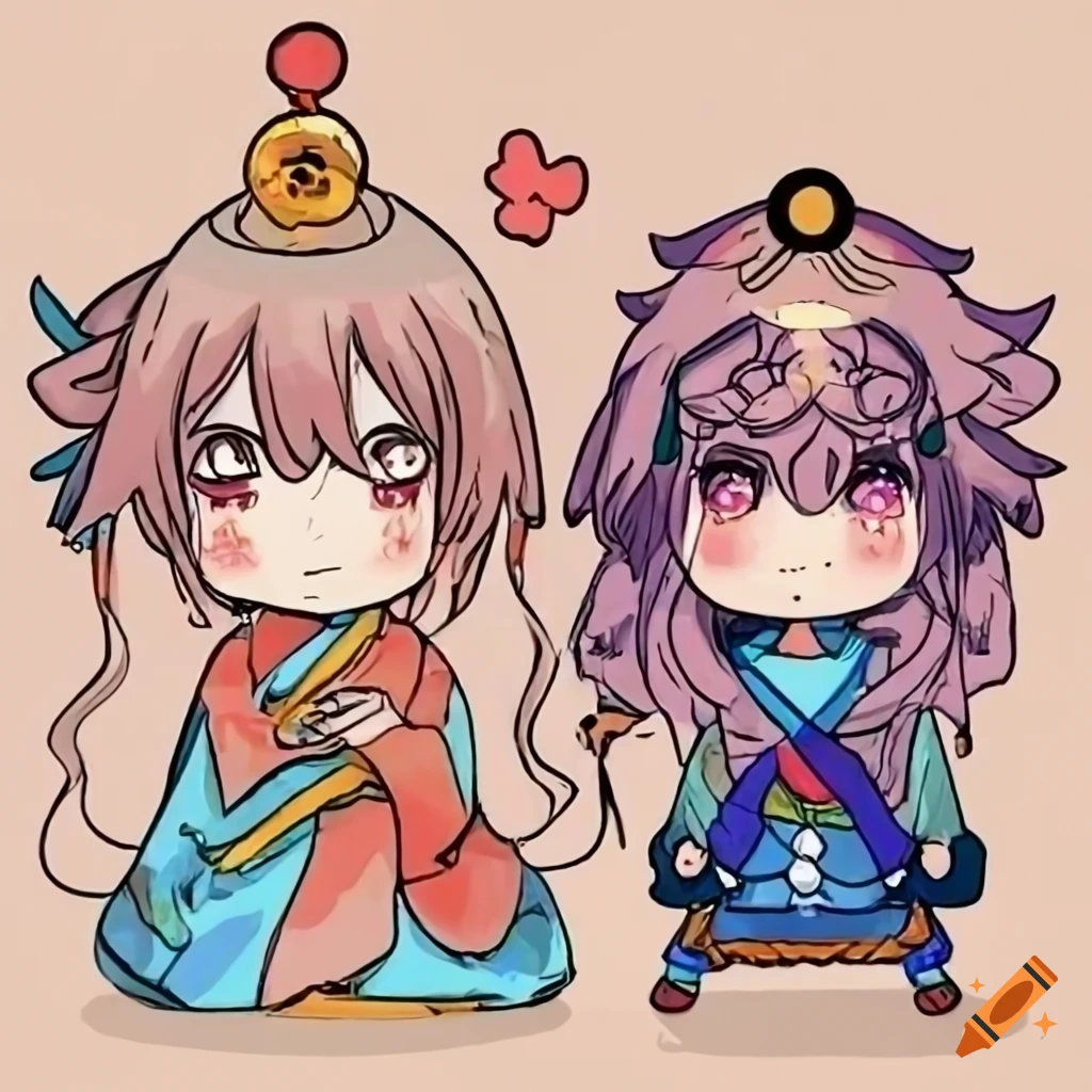 Original anime artwork of siblings Amaterasu and Susanoo in a tender ...