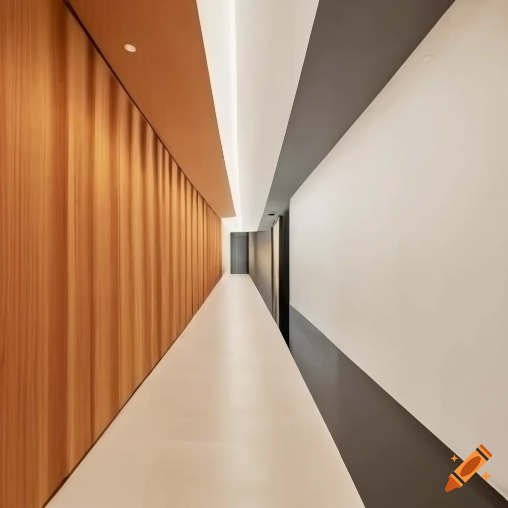 Long corridor transformed into a minimalist lobby with warm wooden ...