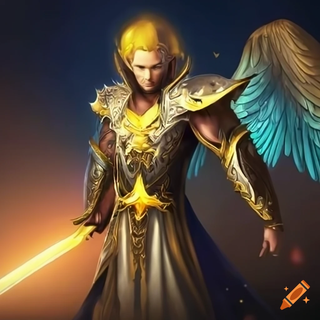 Male angelic warrior in white robes with glowing yellow sword and wings ...
