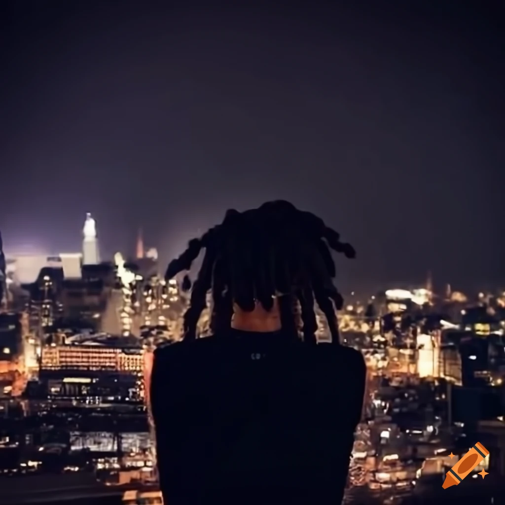 Rapper with shoulder length dreads looking at city on a rainy day on ...