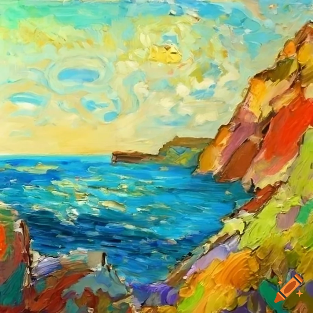 Stunning fauvism expressionism landscape with cliffs, ocean, and boat ...