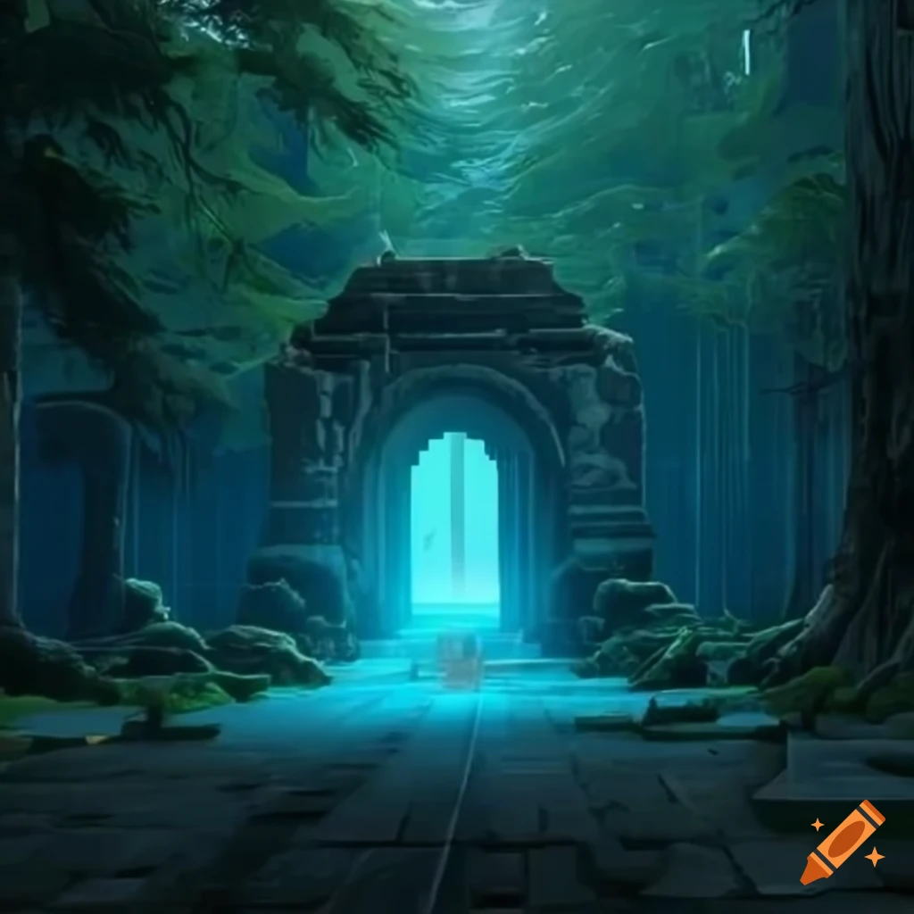 Forested island with a natural stone gateway portal in stunning ...