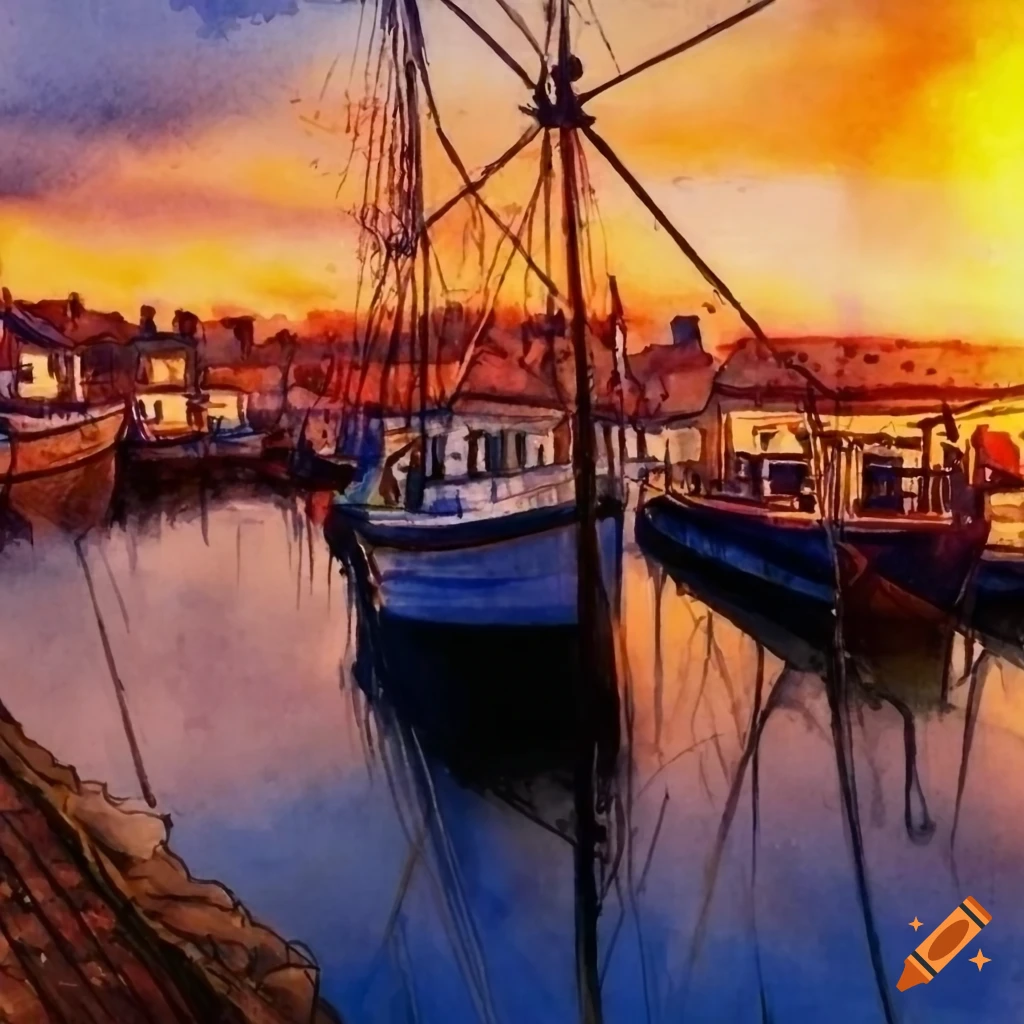 Watercolor painting of an old english fishing village with boats at the wooden dock at sunset on ...