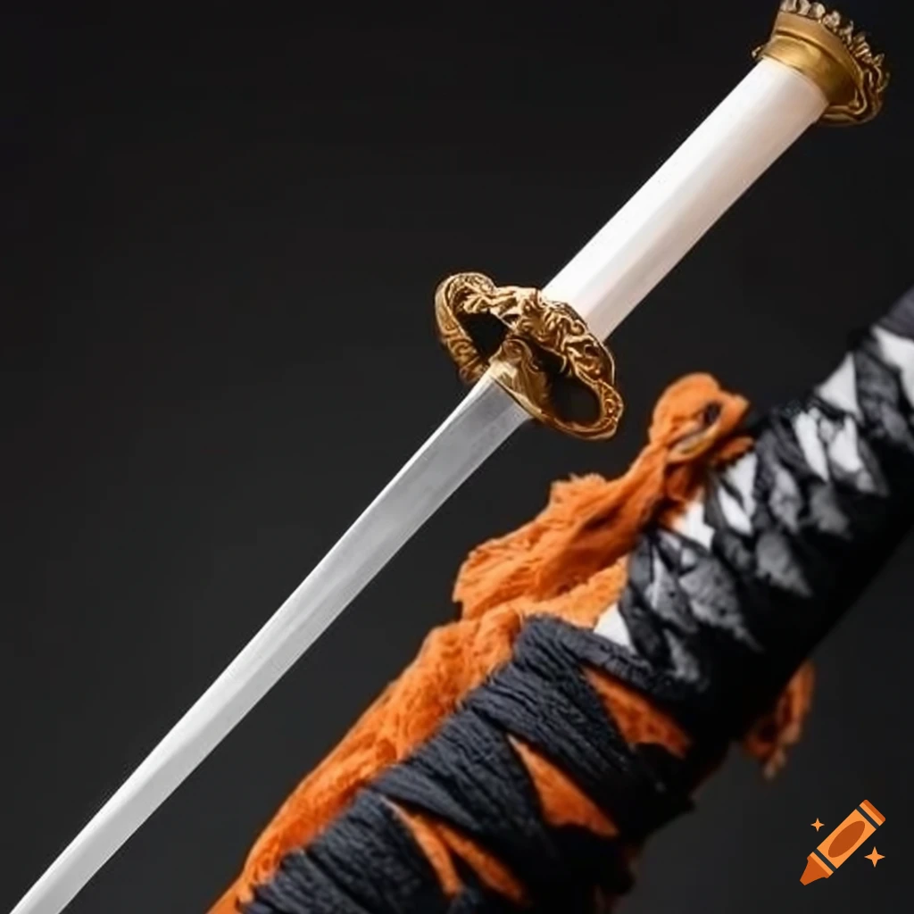 Beautifully crafted katana sword with white, orange and black handle ...
