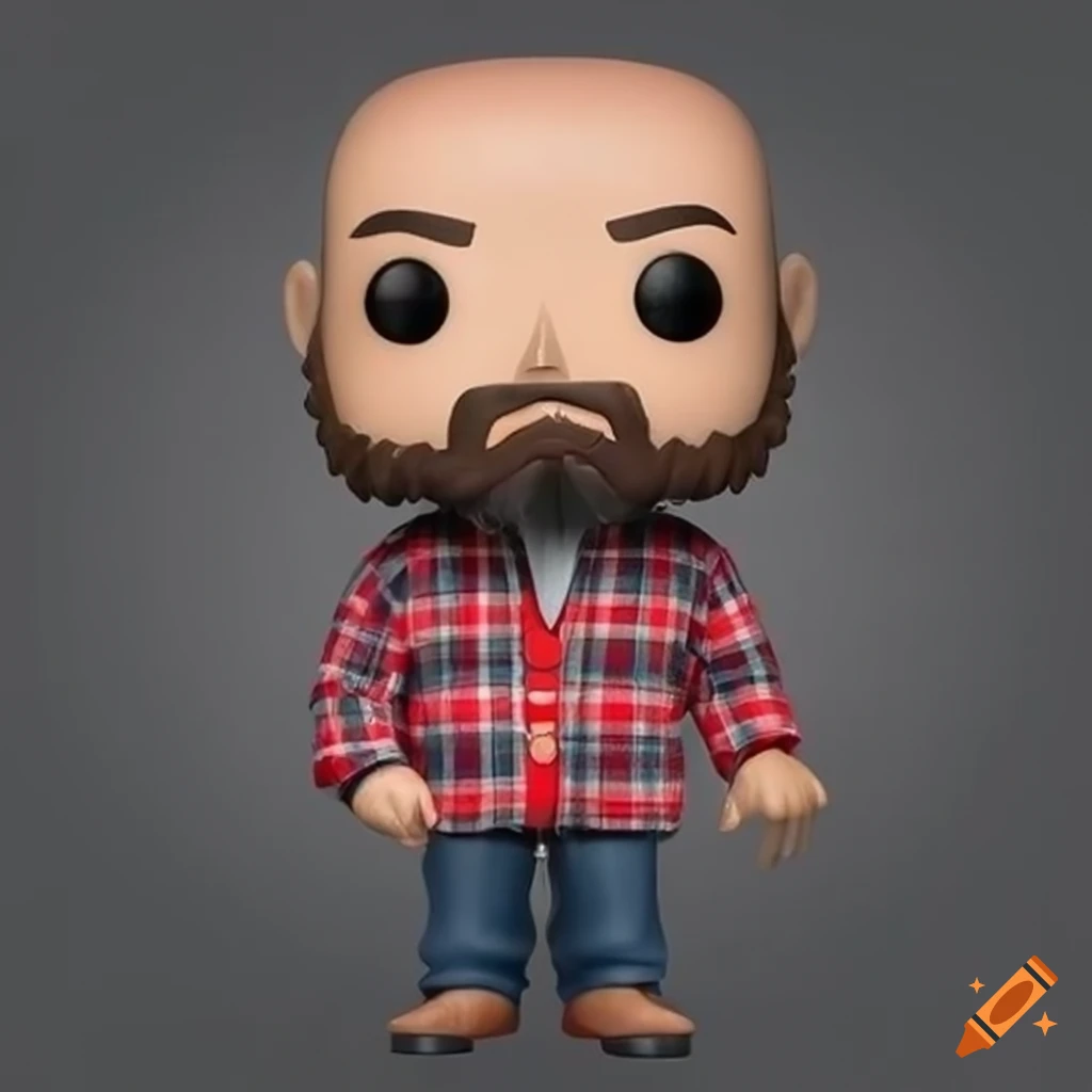 Funko pop of a bearded bald youtuber in plaid jacket on Craiyon