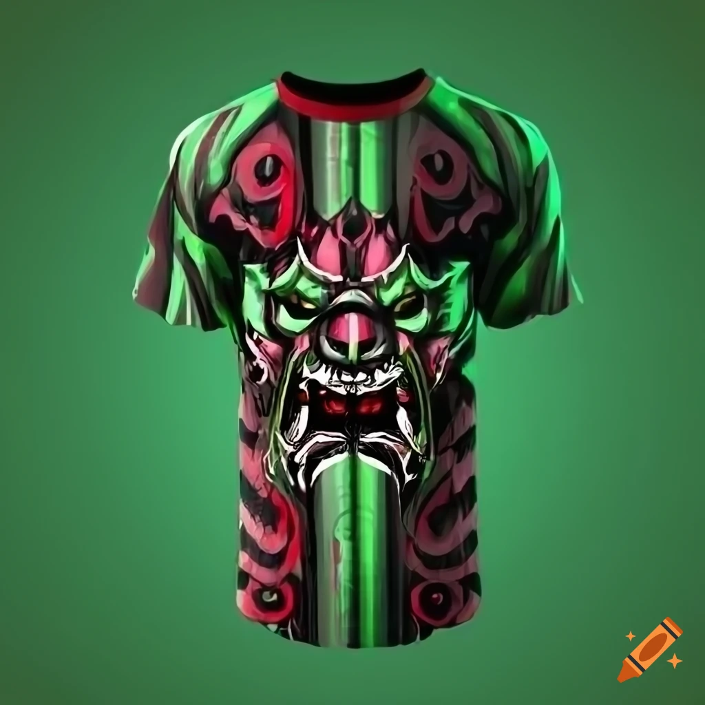 Green and black oni demon on a striped jersey design on Craiyon