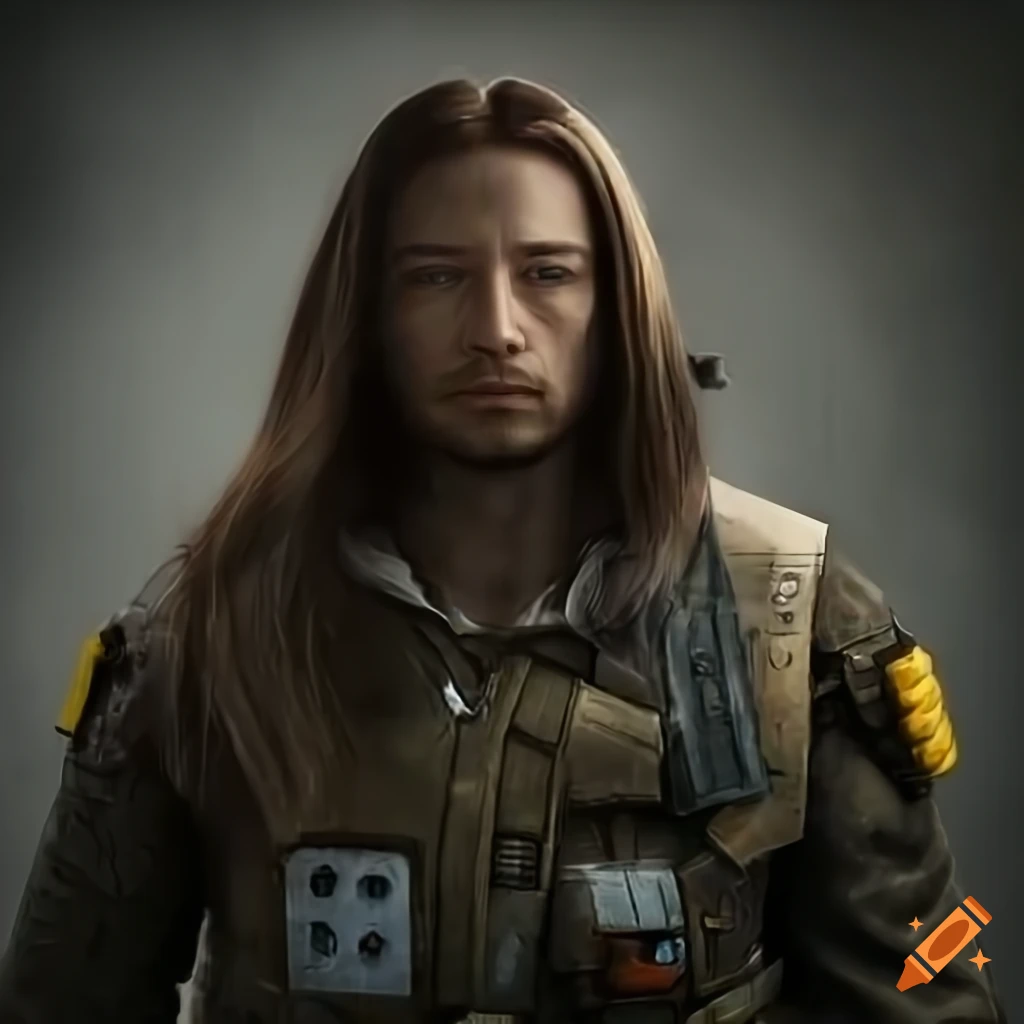 Realistic portrait of male battletech pilot with long straight hair and ...
