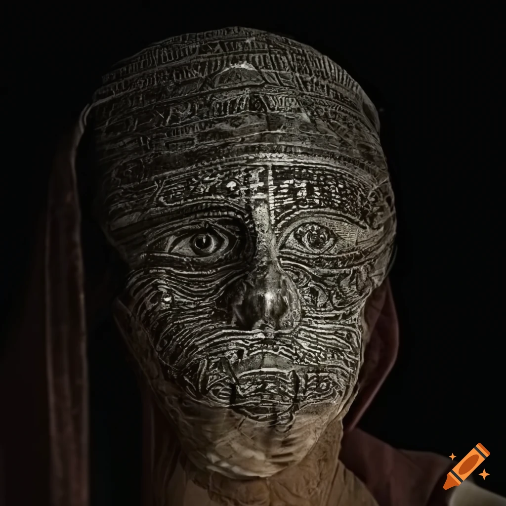 Ancient mummy with silver mask in desert at night on Craiyon