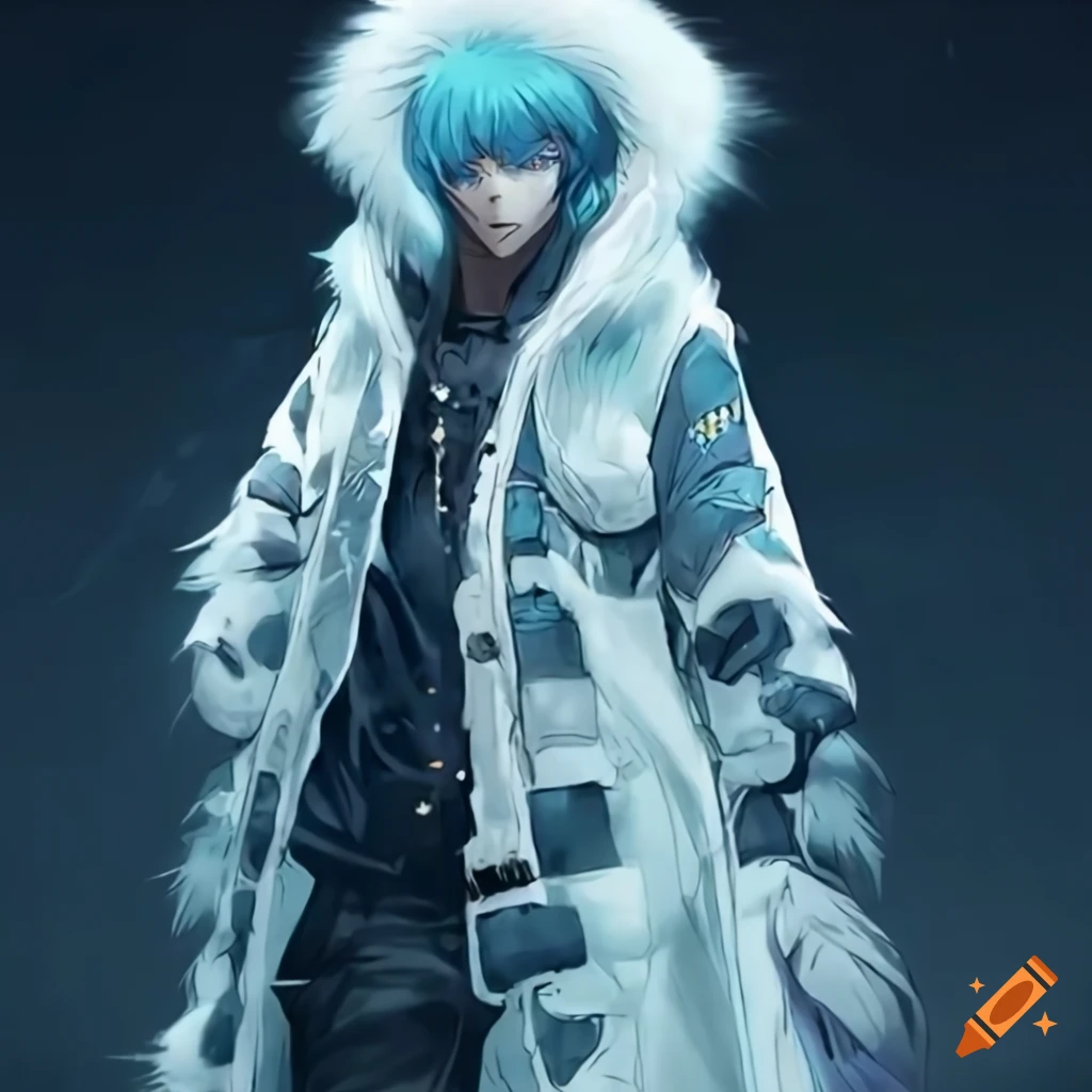 Masculine deep sea cyberpunk long coat with white fur trim on Craiyon