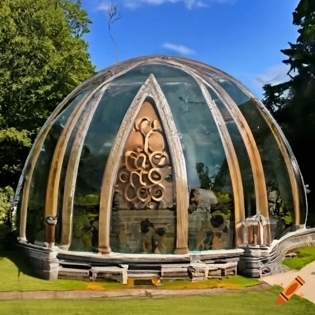 Steampunk-themed biodome with art deco glass and stone in midday ...