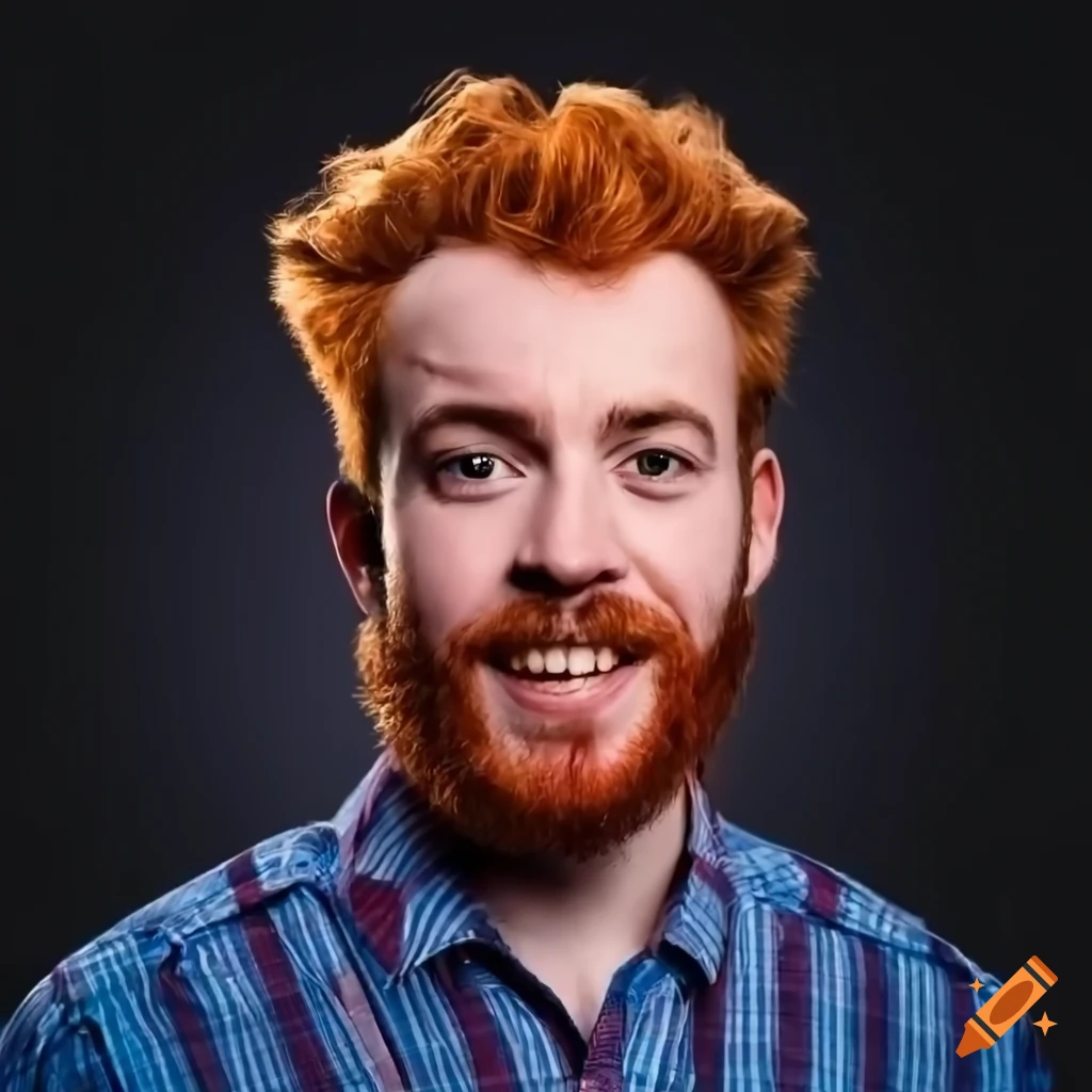 Smiling young man with red hair and beard wearing a blue checked shirt ...