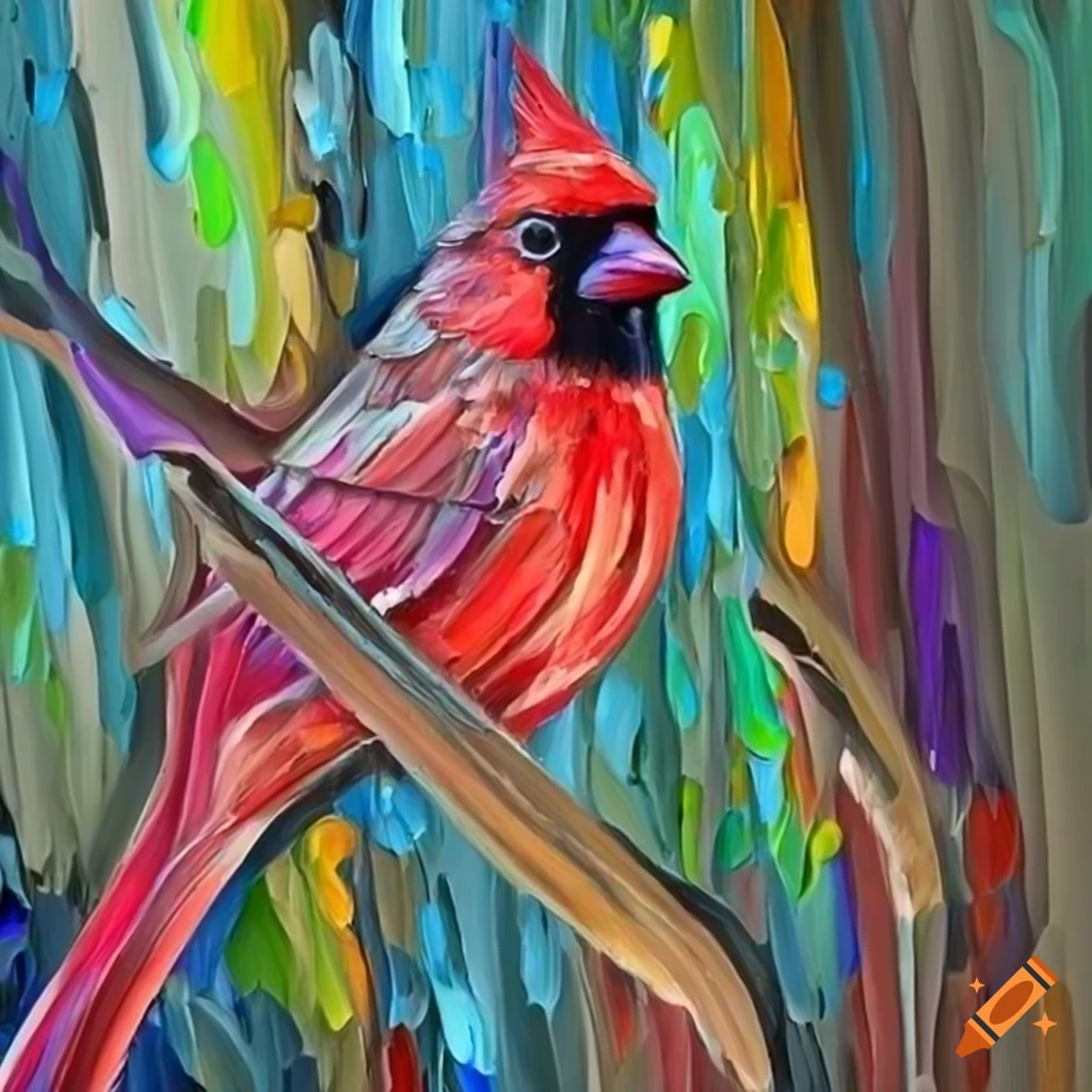 Colorful abstract knife painting of a northern cardinal on a branch on ...
